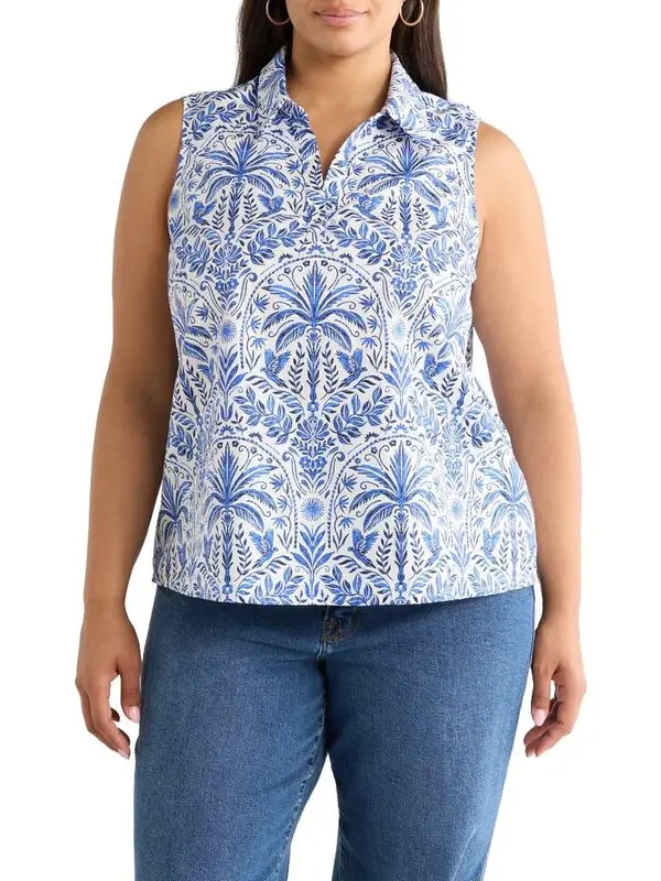 SUGARLIPS Romina Sleeveless Top With Tropical Print And Classic Collar - Blue-whte-multi