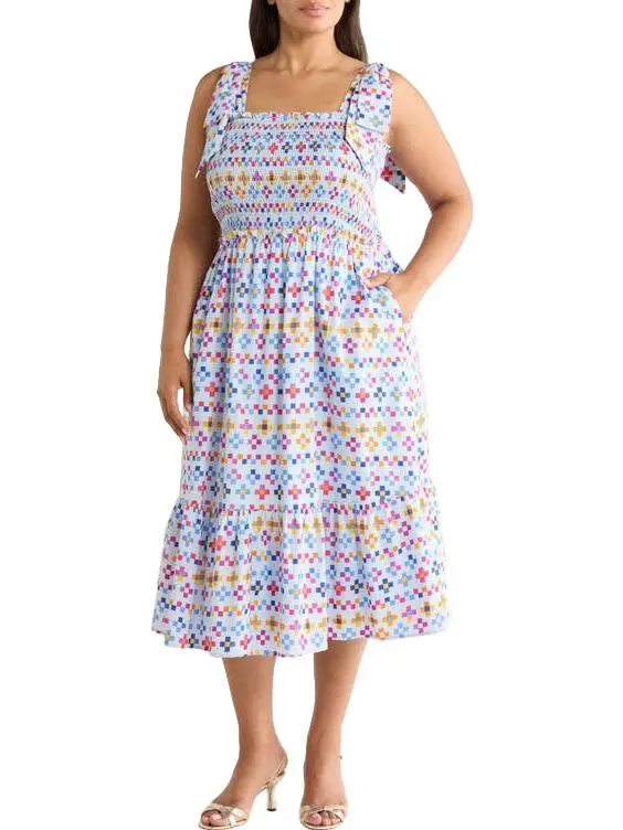SUGARLIPS Geometric Print Smocked Midi Dress - Light-blue-multi