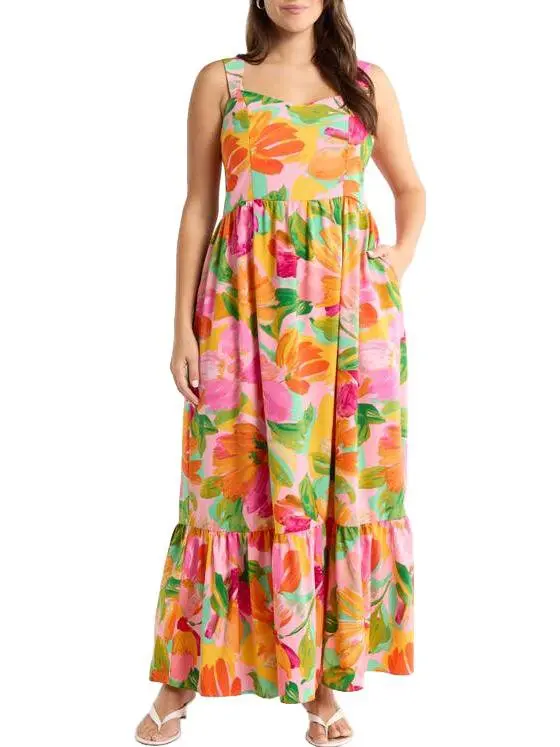 SUGARLIPS Jovana Floral Smocked Tie Shoulder Maxi Dress - Pink/multi