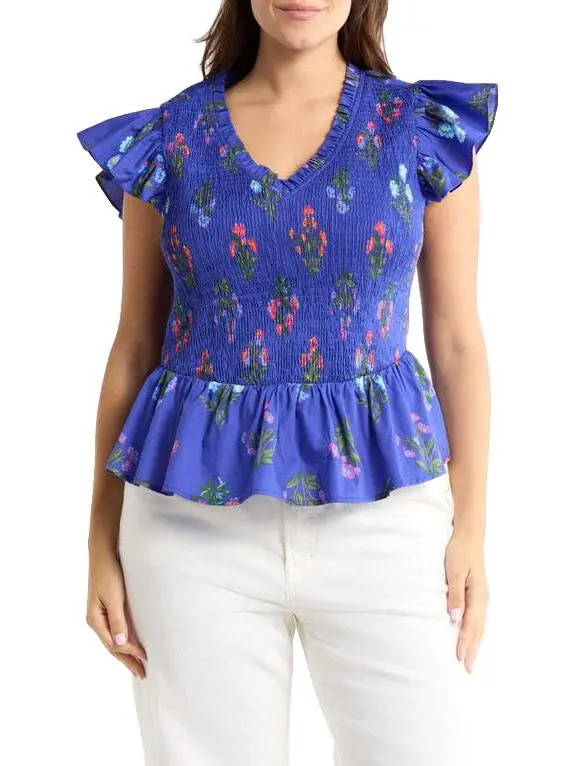 SUGARLIPS Floral Print Peplum Top - Navy