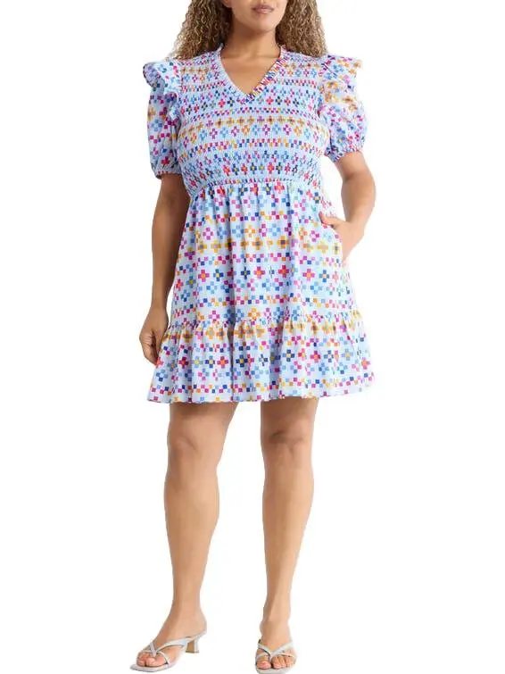 SUGARLIPS Kessa Geo Leopard Smocked Mini Dress - Lt-blue-mult
