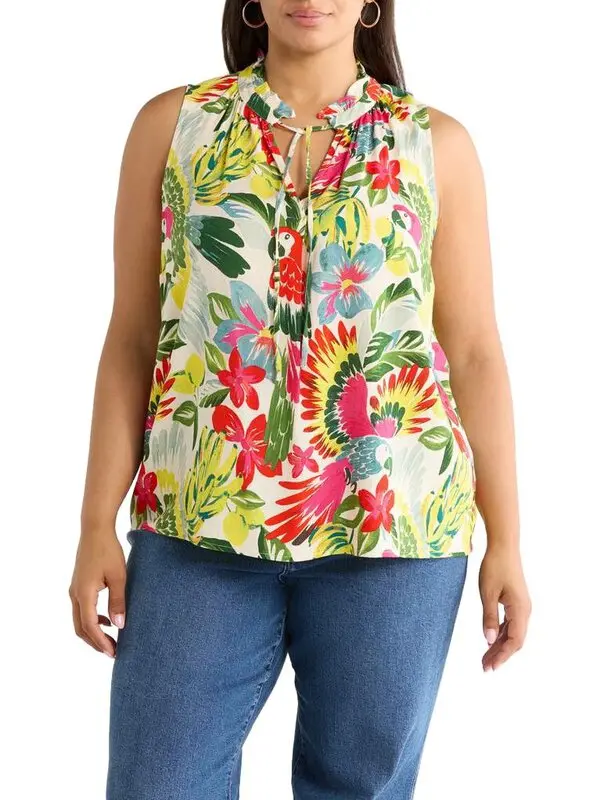SUGARLIPS Sleeveless Tropical Print Tie Neck Top - Bright-multi