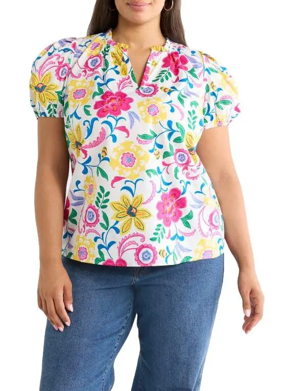 SUGARLIPS Kress Floral Print Top With Puff Sleeves - White Multi