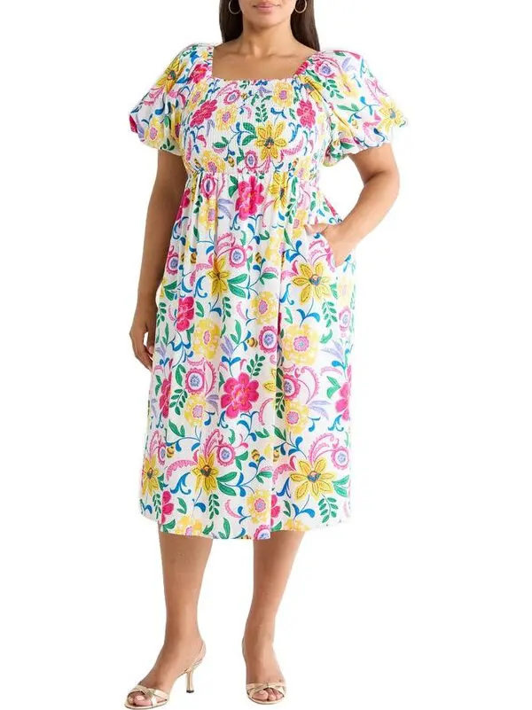 SUGARLIPS Floral Print Smocked Midi Dress - White Multi