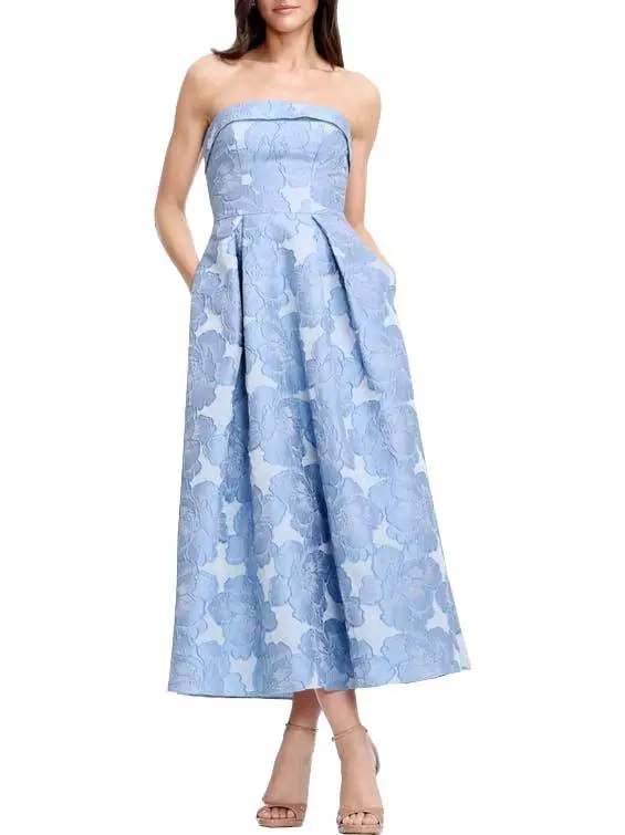 Dress The Population Mika Strapless A-line Floral Jacquard Midi Dress - Sky Multi