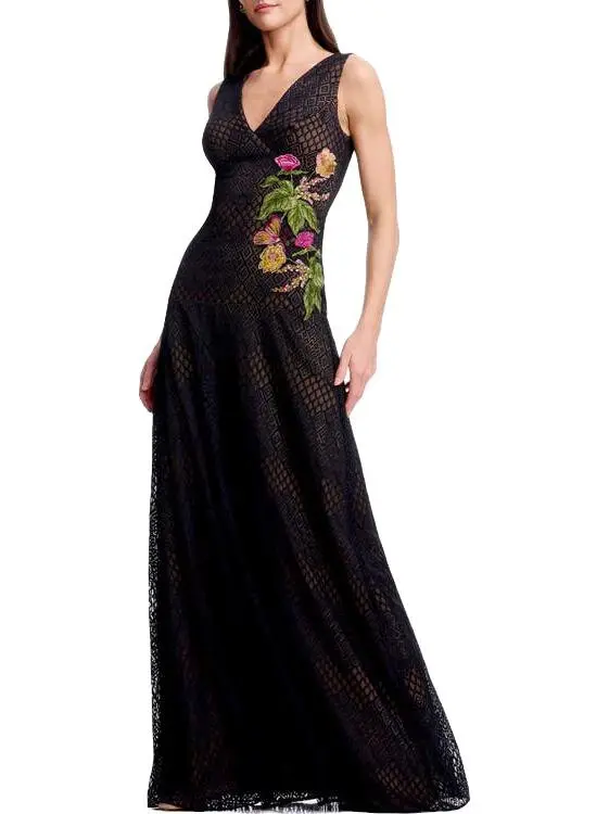 Dress The Population Baylor Floral Embroidery Gown - Black Multi