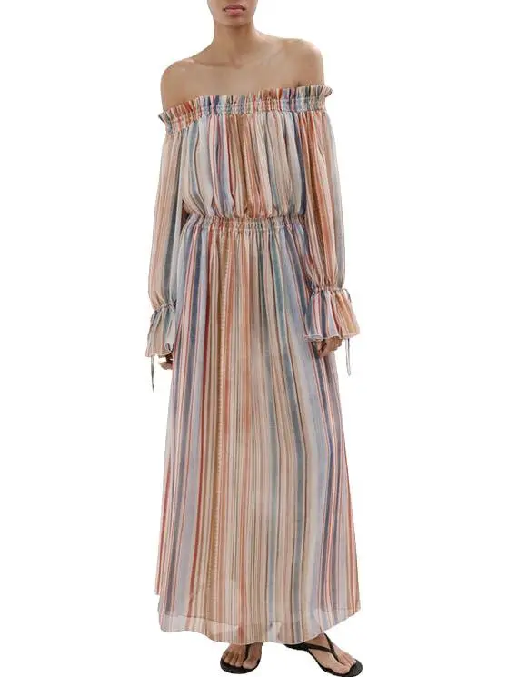 Mango Off-the-shoulder Striped Maxi Dress - Ecru
