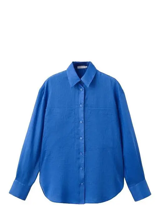 Mango Ramie Button-up Shirt With Patch Pockets - Blue