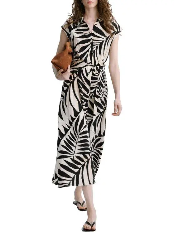 Mango Leaf Print Midi Shirtdress - Black