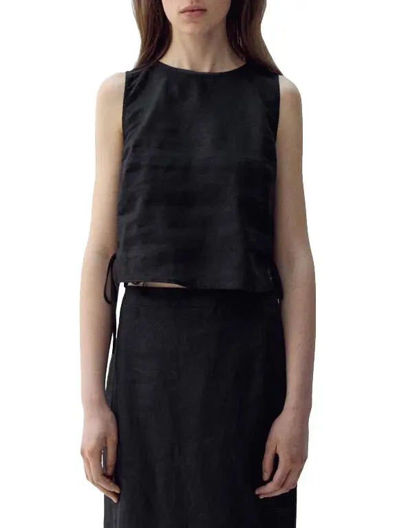 Mango Sleeveless Linen Top With Side Bow Detail - Black