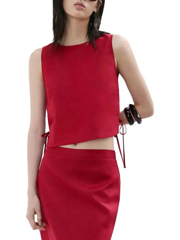 Mango Sleeveless Linen Top With Side Bow Detail - Red