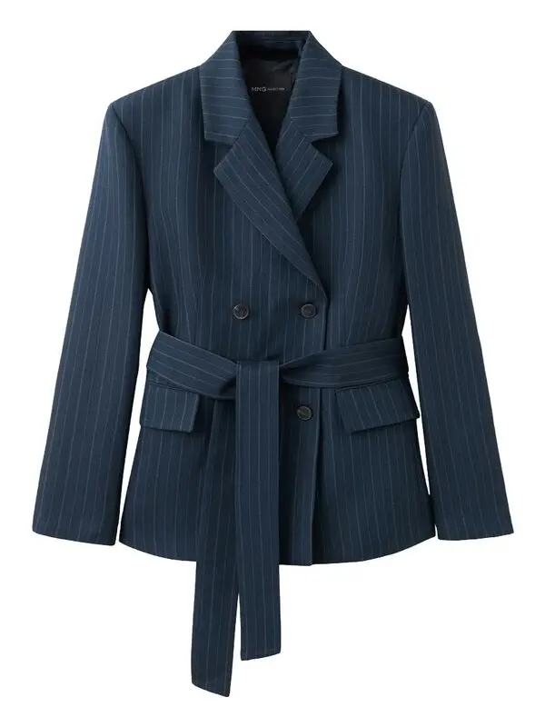 Mango Belted Double-breasted Pinstripe Blazer - Navy