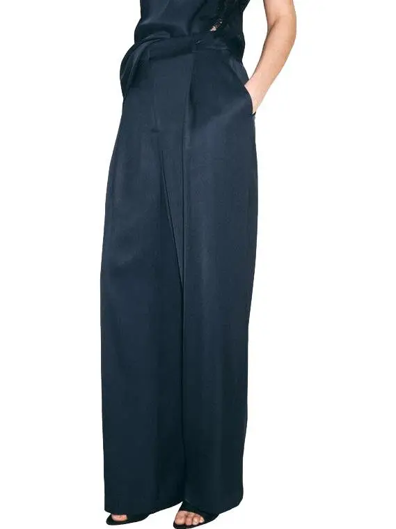 Mango Straight Leg Satin Full Length Pants - Blue