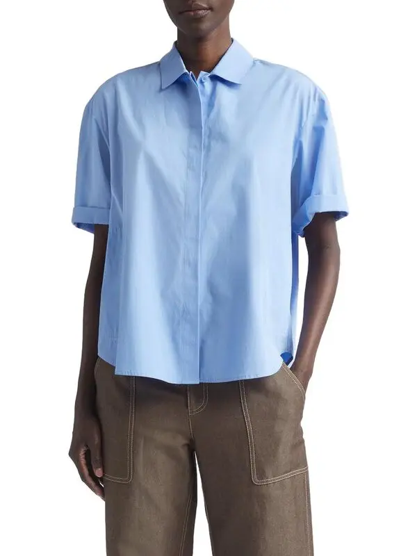 Lafayette 148 New York Organic Cotton Poplin Swing Shirt - Blue Hydrangea