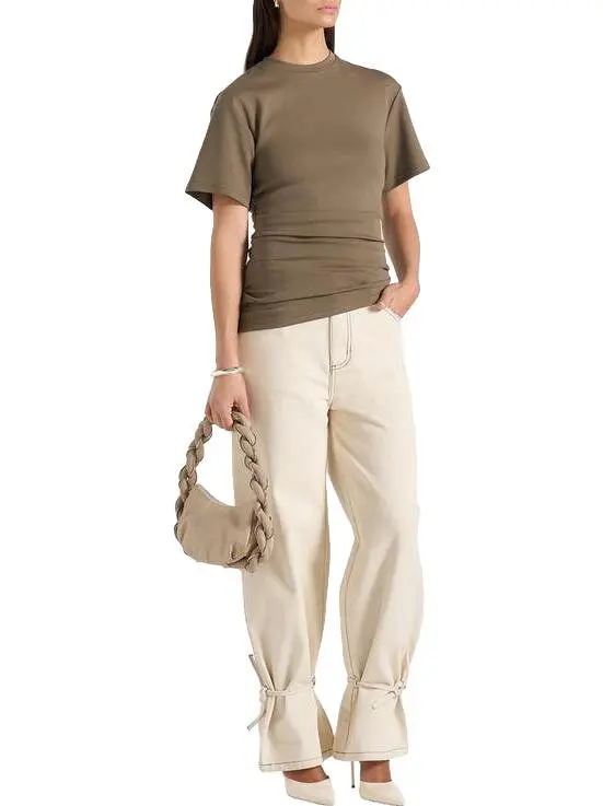 Manière De Voir Asymmetrical Ruched Cotton T-shirt - Olive