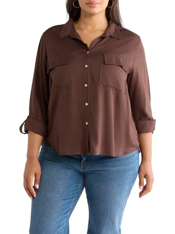 BEACHLUNCHLOUNGE Felicity Button-up Shirt With Chest Pockets - Hot Fudge