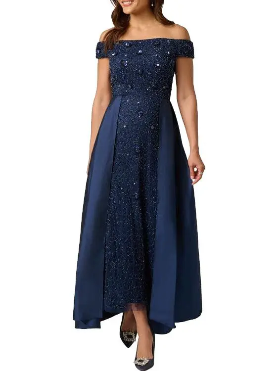 Adrianna Papell Off-the-shoulder Beaded Overlay Taffeta Gown - Light Navy