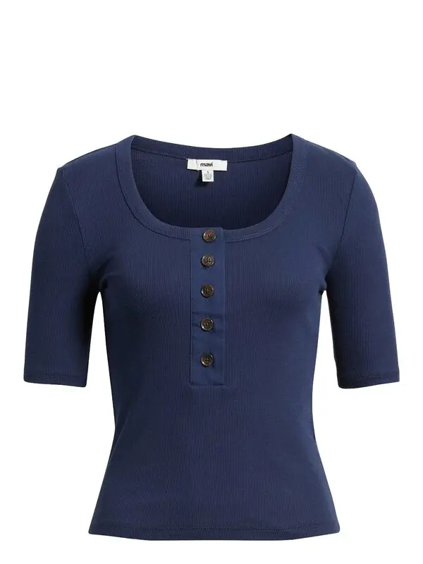 MAVI Scoop Neck Henley Tee - Black Iris