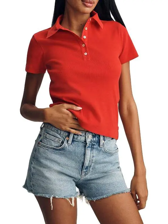 MAVI Cropped Ribbed Cotton Polo Shirt - Red