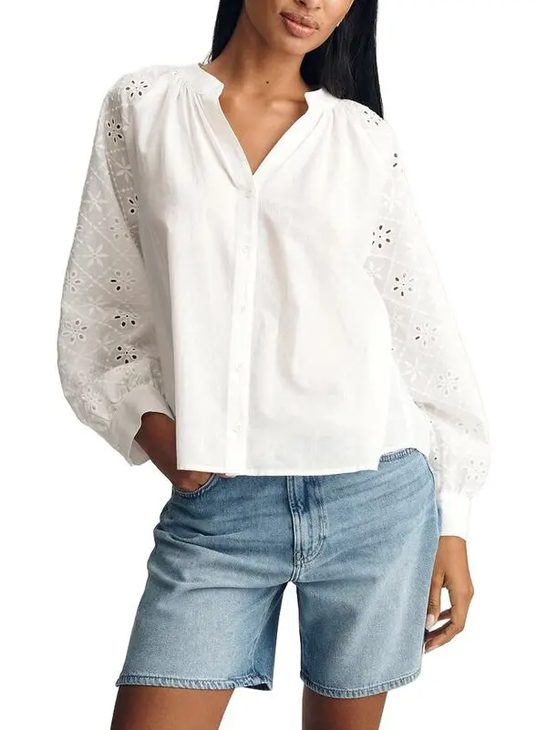 MAVI Embroidered Eyelet Sleeve Boxy Top - White