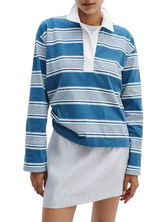 Rag & Bone Kelly Striped Long Sleeve Cotton Polo - Blue Multi