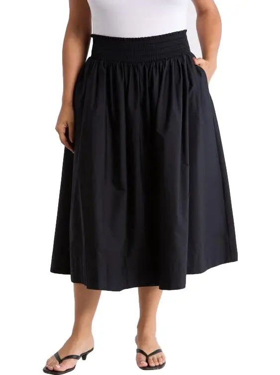 Nordstrom Smocked Waist Pleated Midi Skirt - Black