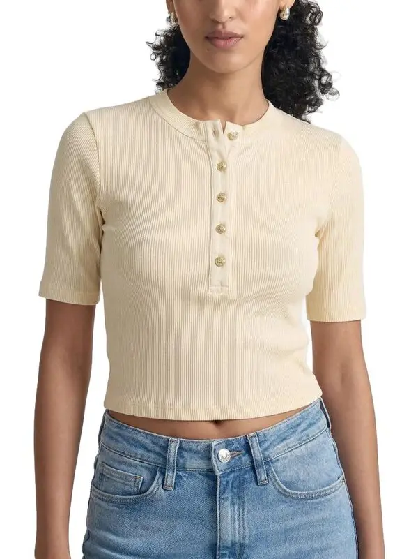 Brooklyn Industries Cropped Ribbed Henley Top - Transparent Yellow