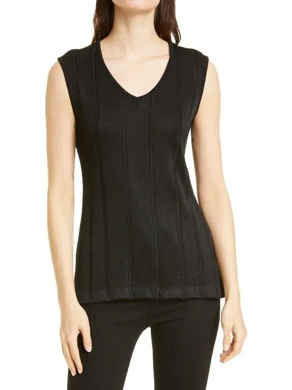 Misook Cable Stripe V-neck Knit Tank - Black