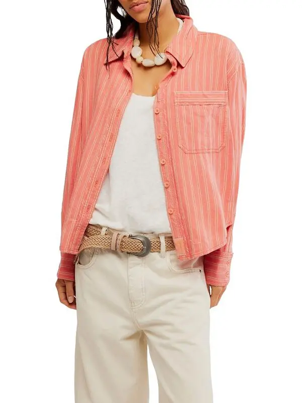 Free People Laurel Linen Blend Button-up Shirt - Cinnamon Combo
