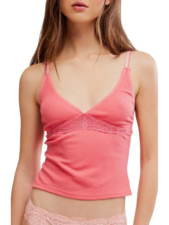 Free People Made You Blush" Ribbed Embroidered Cropped Tank - Melon Pop