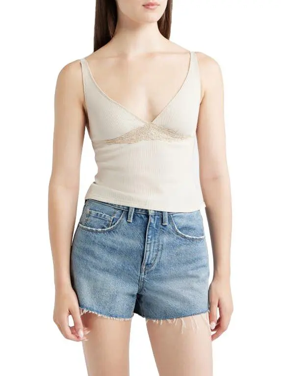Free People Made You Blush" Ribbed Embroidered Cropped Tank - Oat Milk