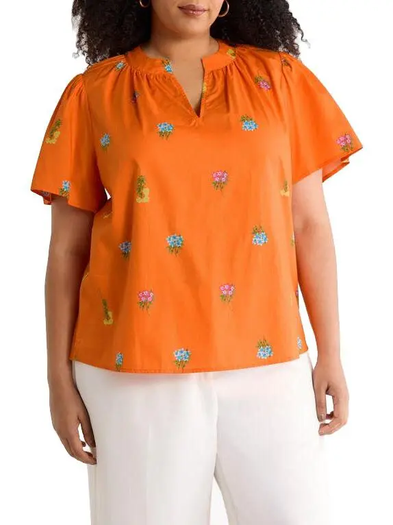 SUGARLIPS Floral Cotton Split Neck Top - Orange-multi