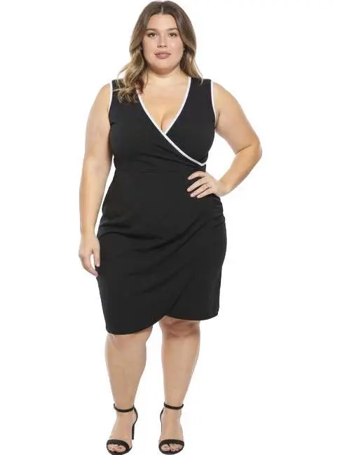 24SEVEN COMFORT APPAREL Sleeveless Faux Wrap Midi Dress With Tulip Hem - Black