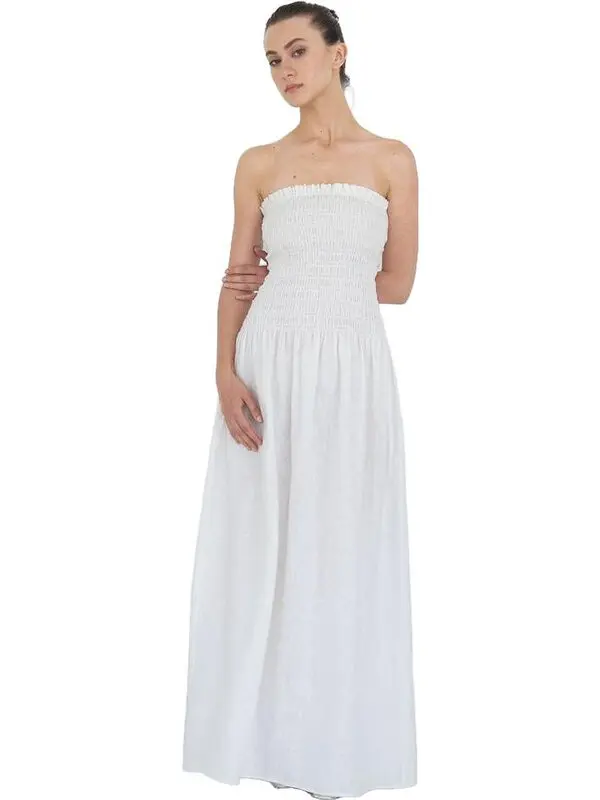 NUAJE NUAJE Elle Strapless Smocked Maxi Linen Dress - White