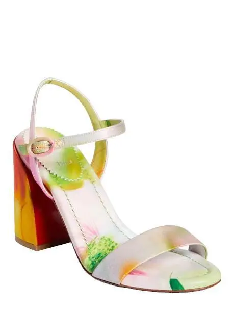 CHRISTIAN LOUBOUTIN Floral Print Block Heel Sandal - Ivory Multi