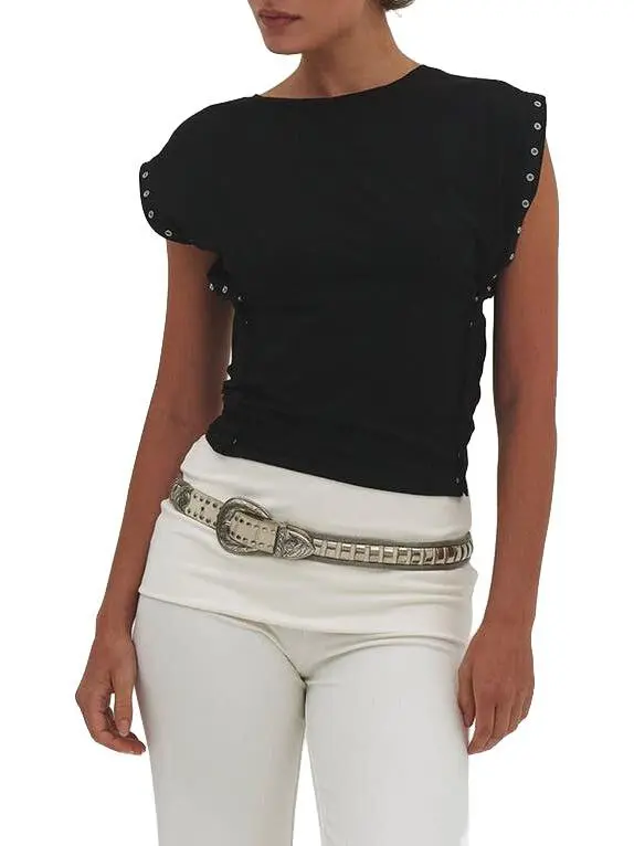 FIND ME NOW Snap Detail Convertible Cap Sleeve T-shirt - Black