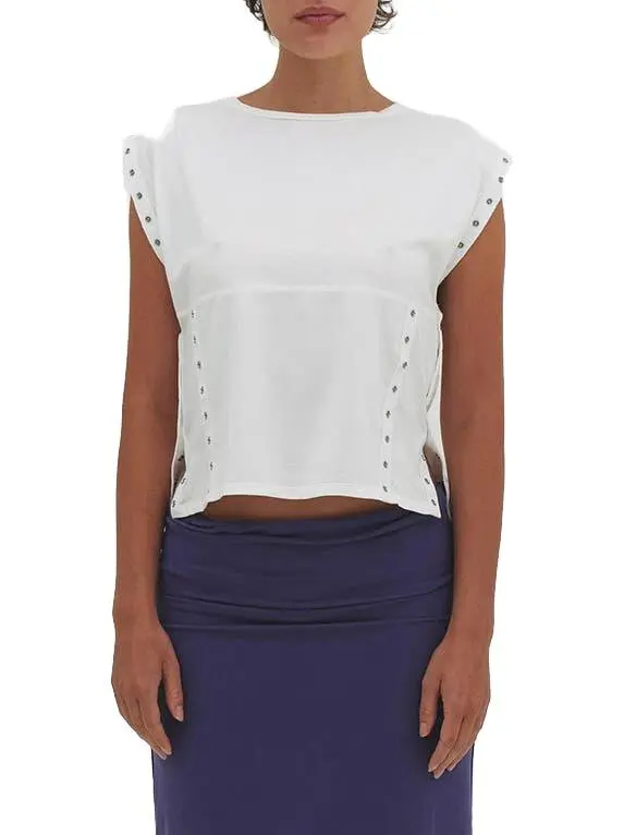 FIND ME NOW Snap Detail Convertible Cap Sleeve T-shirt - White