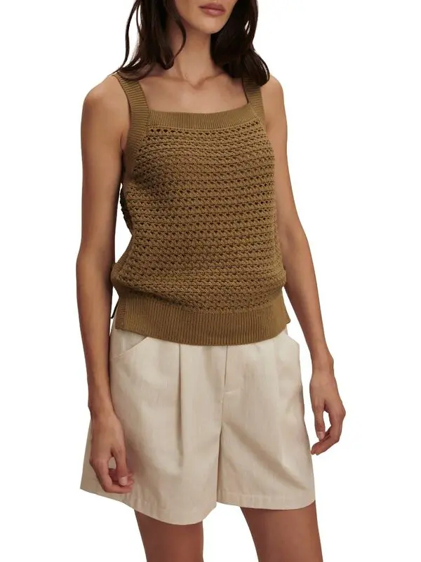 Varley Ebden Square Neck Pointelle Cotton Tank - Golden Olive