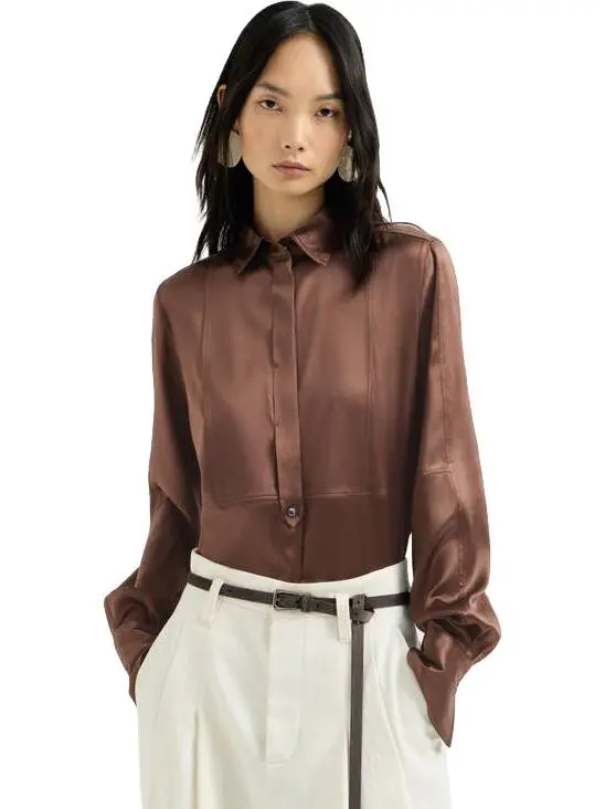 Brunello Cucinelli Stretch Silk Satin Shirt With Monili - Brown