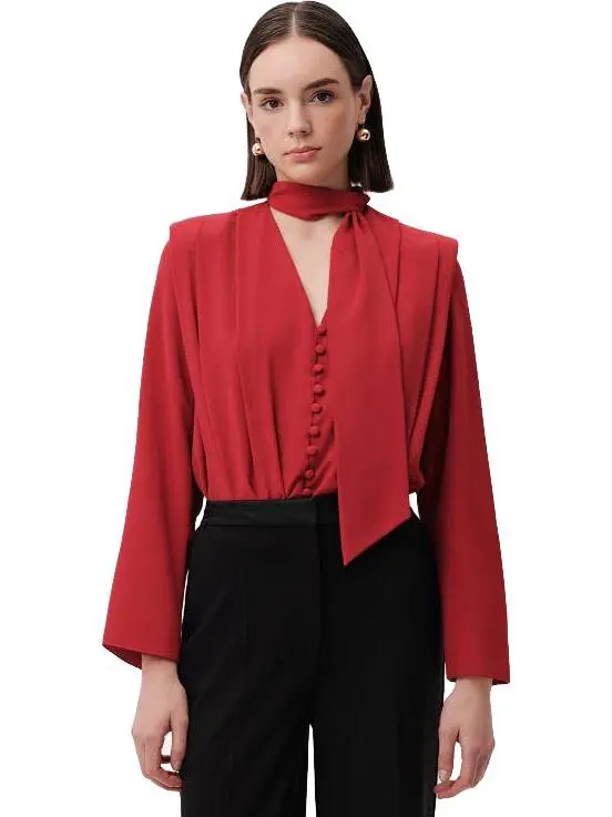 EXQUISE Draped Long Sleeve Bodysuit - Red