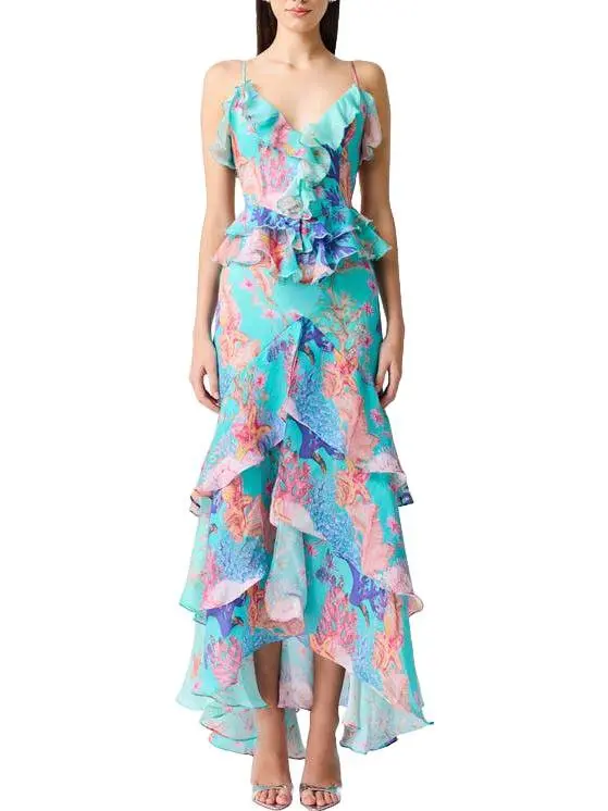 ELLIATT Coral Print Tiered High-low Gown - Blue Multi
