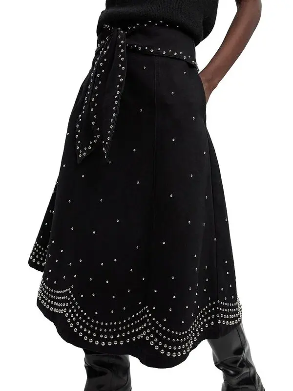 Karen Millen Studded Tie Belt Midi Skirt - Black