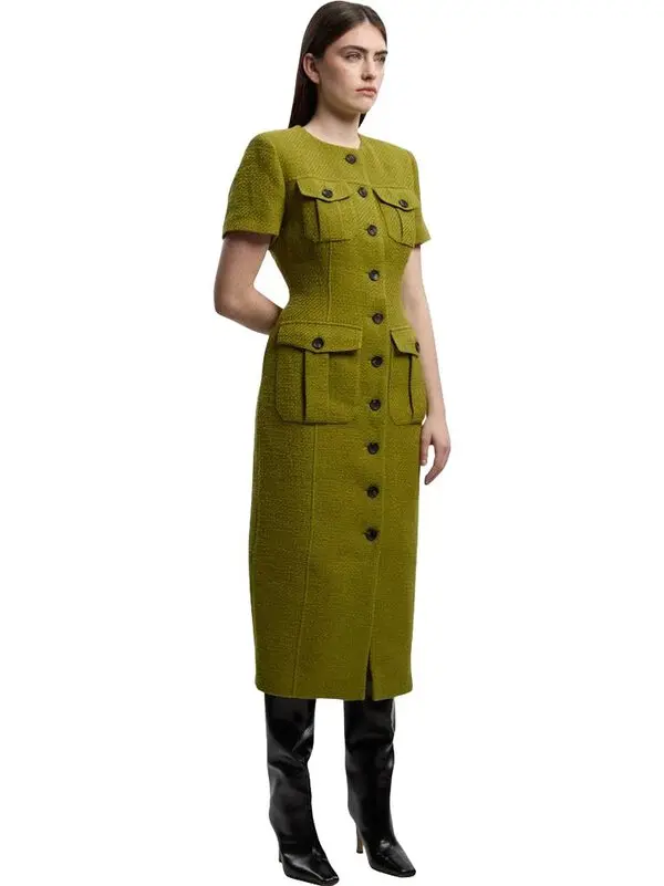 Karen Millen Textured Tweed Button-up Midi Dress - Olive