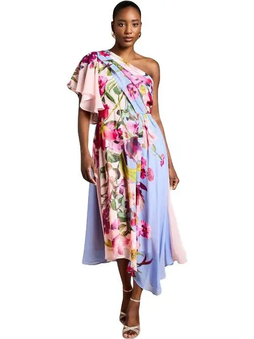 Coast Floral One-shoulder Flutter Sleeve Midi Dress - Light Blue