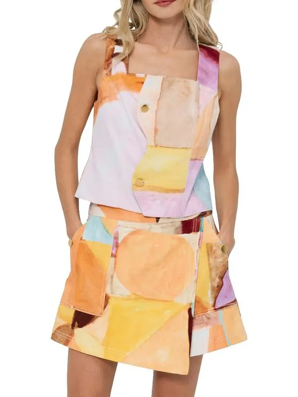 CIEBON Sleeveless Artistic Print Woven Top - Yellow Multi