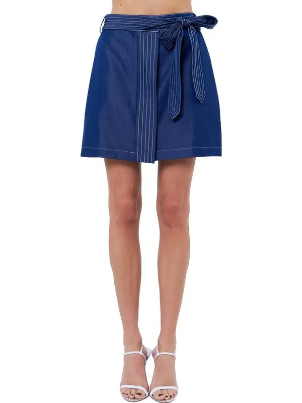 CIEBON Belted Miniskirt With Contrast Stitching - Medium Blue