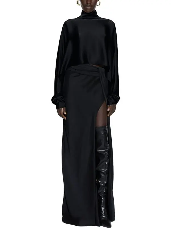 Lapointe Doubleface Satin Cropped Caftan Top - Black