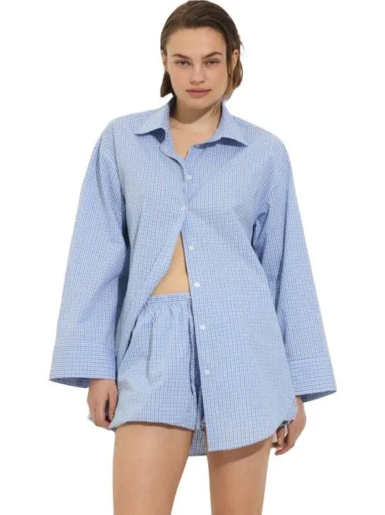 H&m Oversized Crêpe Viscose Blend Beach Shirt - Blue/checked