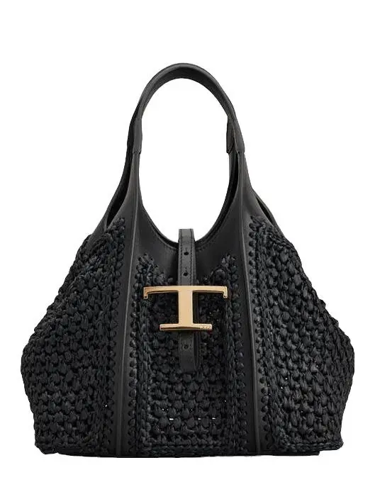 TOD'S Mini T Timeless Crochet Raffia & Leather Shopping Bag - Nero