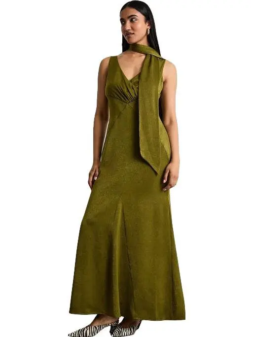WAREHOUSE Maxi Dress With Scarf Detail - Olive